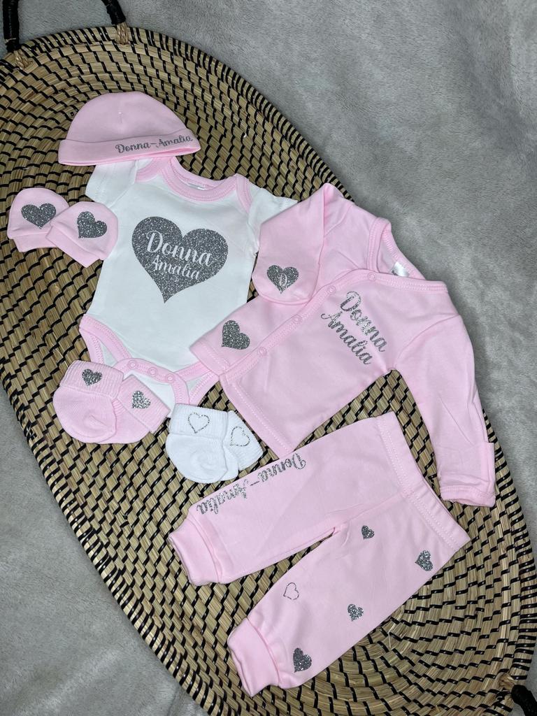 6 Delig geboorte Pakje Met Naam | Roze - Bedrukte Baby Kleding